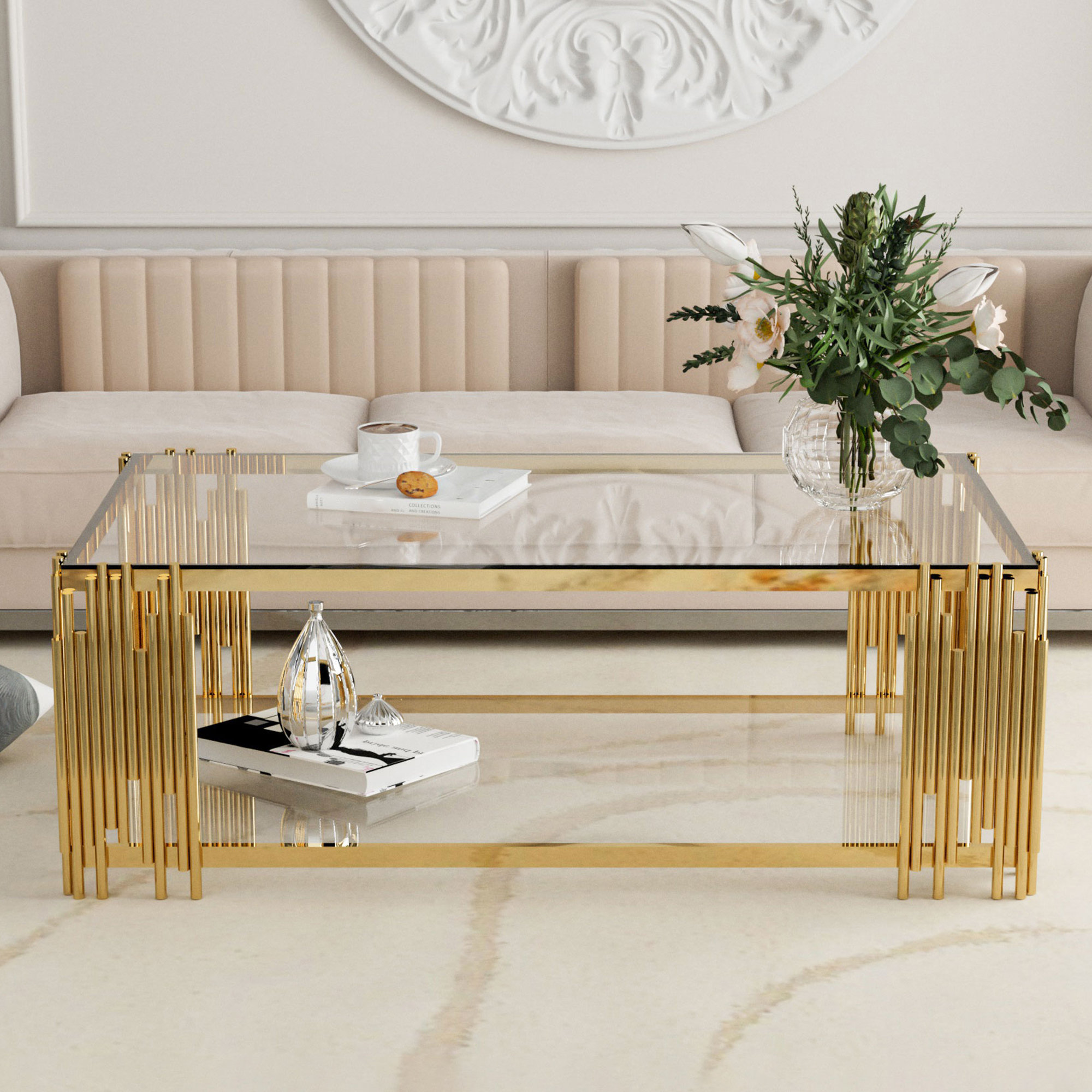 Mercer41 Vaili 51" L x 27.5" W 2-Tier Rectangular Tempered Glass Top Coffee Table for Living ...